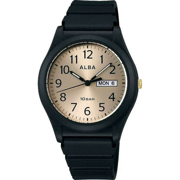 ALBA SPORT QUARTZ ANALOG BLACK RUBBER STRAP GOLD DIAL MEN WATCH AQPJ41 ...