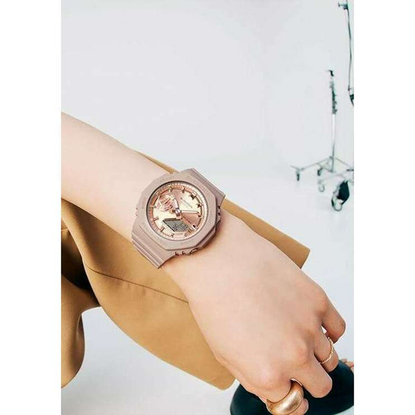 CASIO G-SHOCK MID-SIZE MODEL PINK BEIGE & GOLD LADIES WATCH GMA-S2100M ...