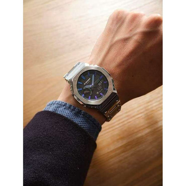 CASIO G-SHOCK FULL METAL ANALOG DIGITAL DIAL SILVER & PURPLE BLUE MEN ...