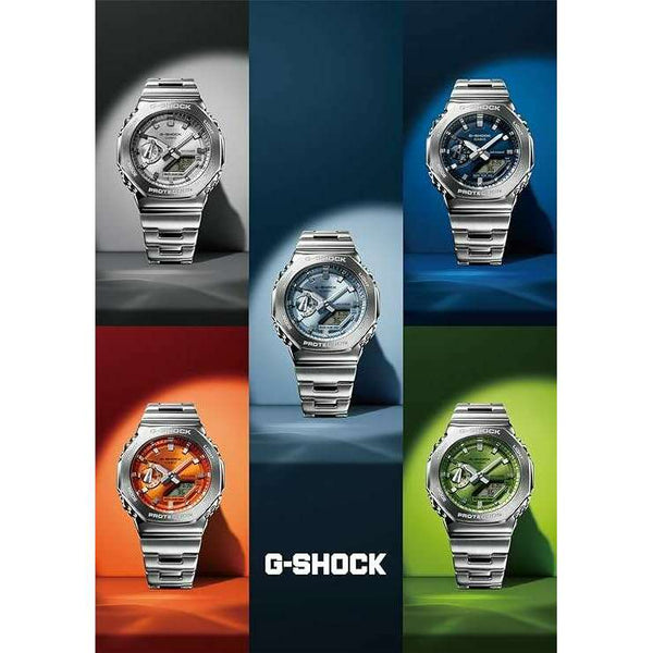 CASIO G-SHOCK DAY-DATE METAL BEZEL SILVER STRAP ORANGE DIAL MEN WATCH ...